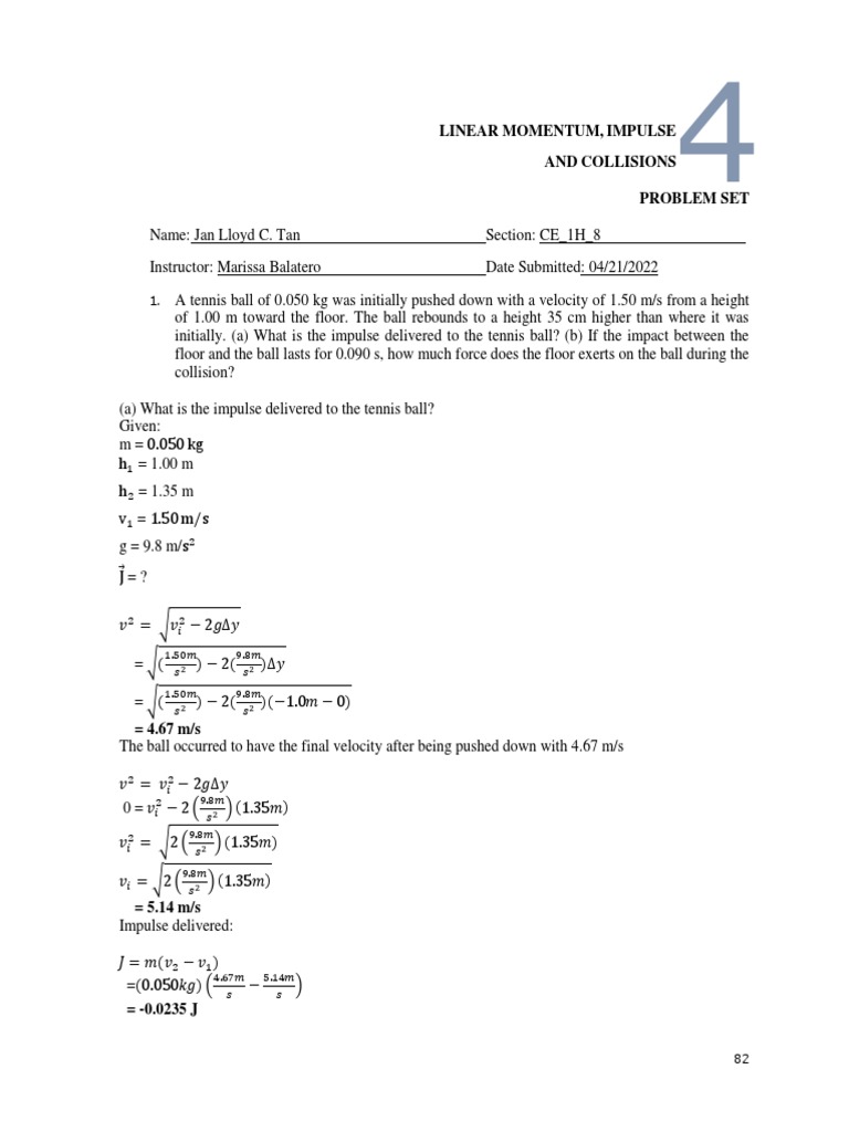Tan Jan Lloyd C. Chapter 4 Linear Momentum 11 13 | PDF | Collision ...