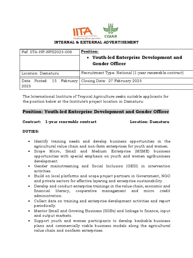 Gender Officer: Youth-Led Enterprise Development and | Download Free PDF | Small And Medium ...