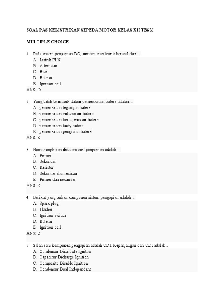 Soal Pas Kelistrikan Sepeda Motor Kelas Xii TBSM | PDF