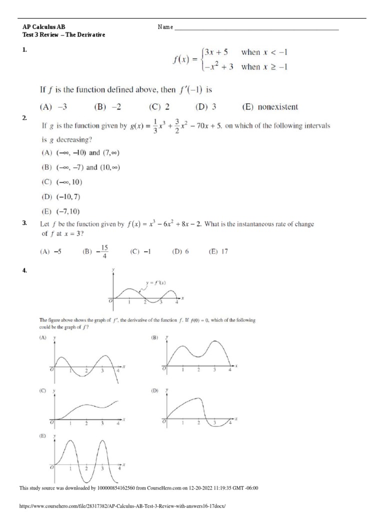 AP Calculus AB Test 3 Review With Answers16 17 PDF | PDF | Tangent ...