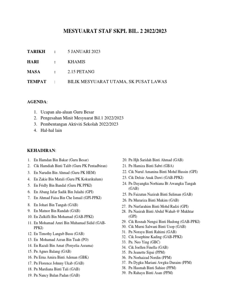 Mesyuarat Staf SKPL Bil2 2022 - 2023 | PDF