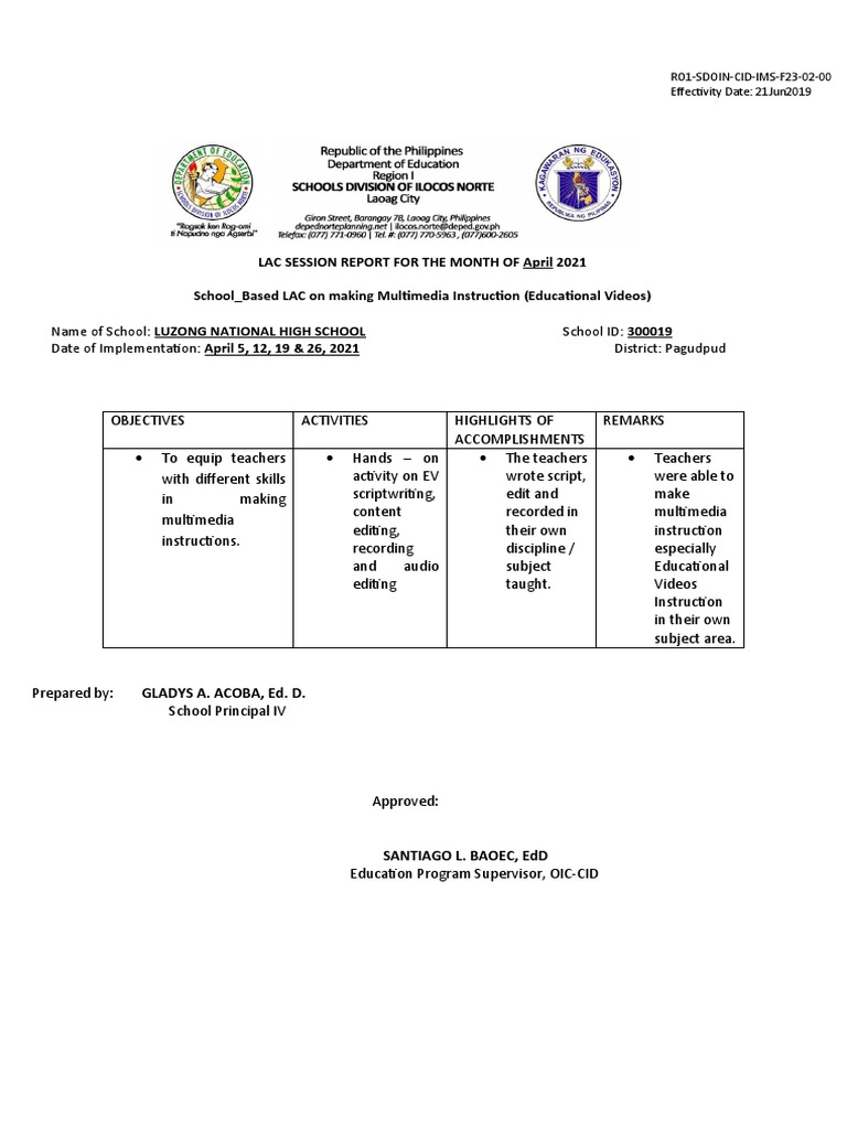 LAC SESSION REPORT FOR THE MONTH OF April 2021 | PDF