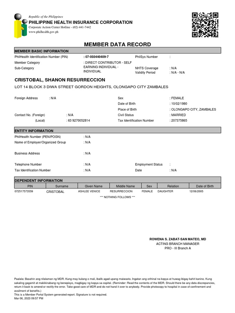 PhilHealth Member Data Record Summary | PDF | Service Industries ...