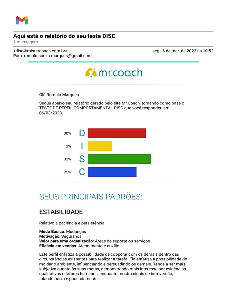 Relatório Do Teste DISC PDF | PDF