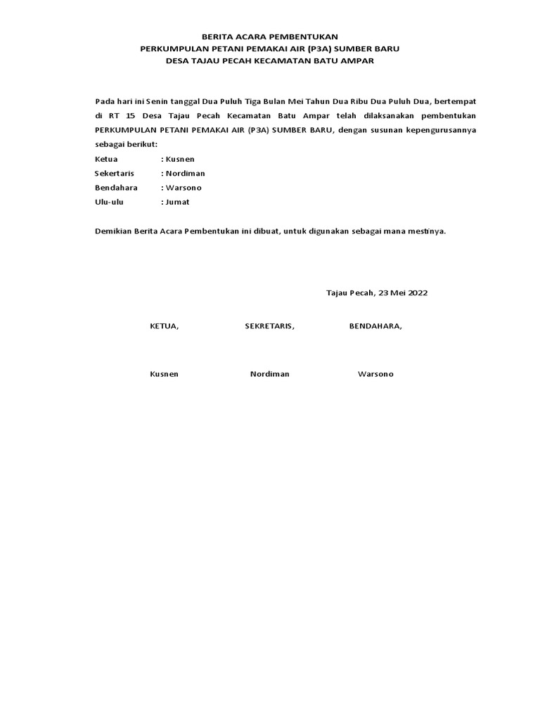 Format Surat Contoh Berita Acara Pembentukan P3a | PDF