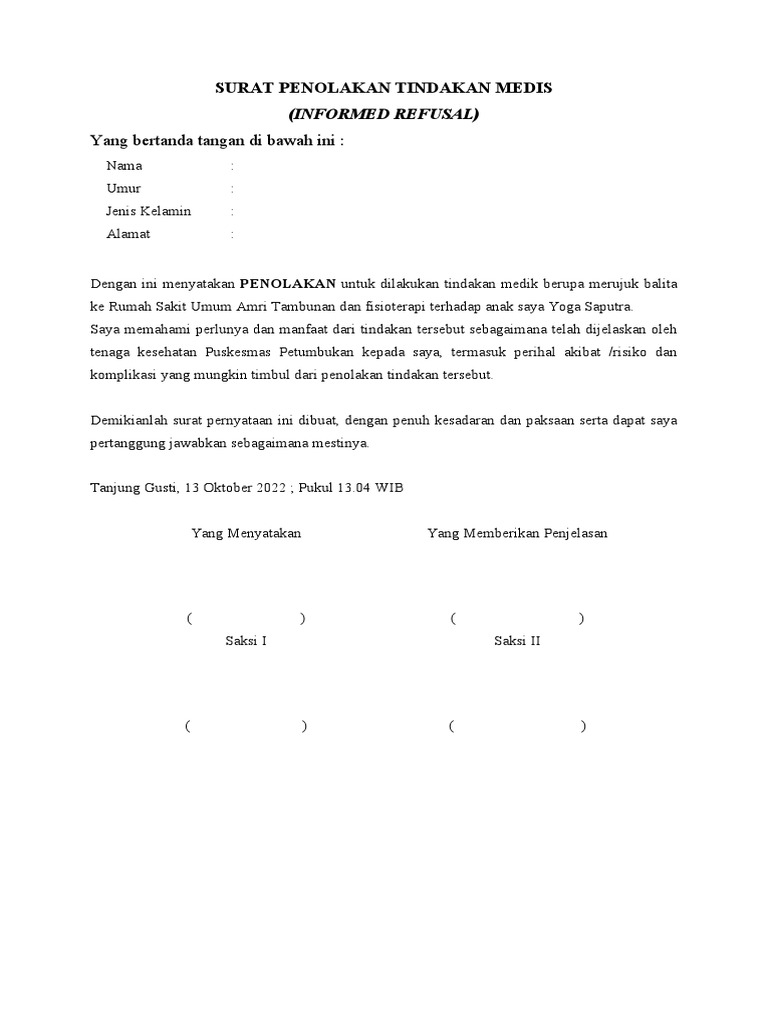 SURAT PENOLAKAN TINDAKAN MEDIS | PDF