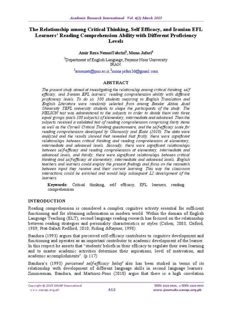 The Relationship Among Critical Thinking Self Efficacy And Iranian Efl Learners Reading