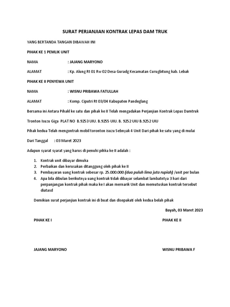 Surat Perjanjian Kontrak Lepas Dam Truk | PDF