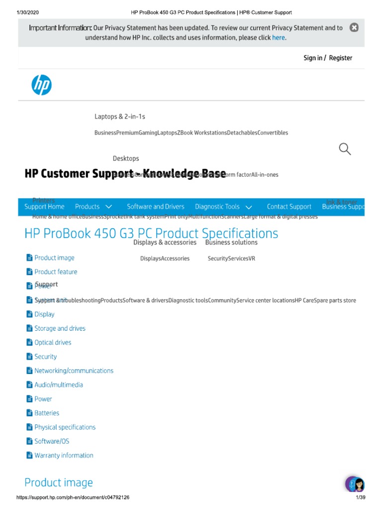 HP ProBook 450 G3 PC Product Specifications - HP® Customer Support | PDF