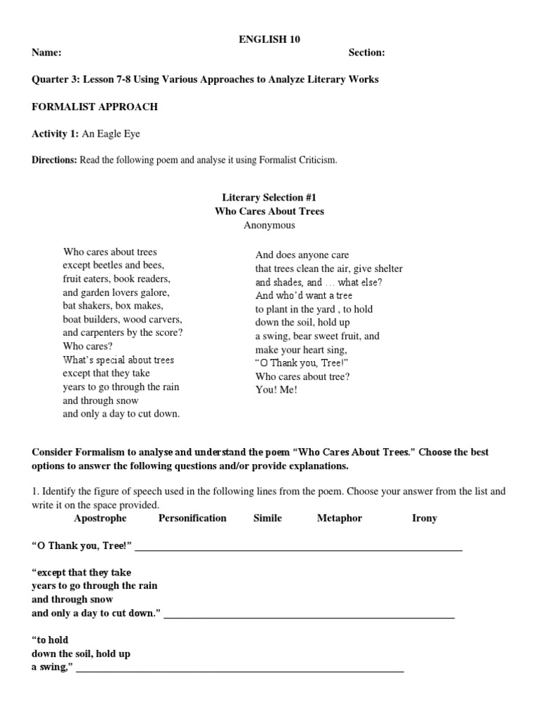 ENGLISH ACTIVITY Using Various Approaches To Analyze A Literary Text ...