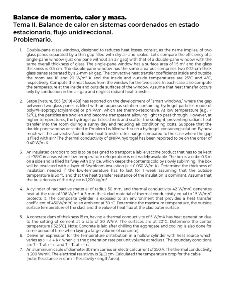 TEMA 2 ACT 2 PROBLEMARIO Balance de Momentum | PDF | Thermal Insulation | Heat Transfer