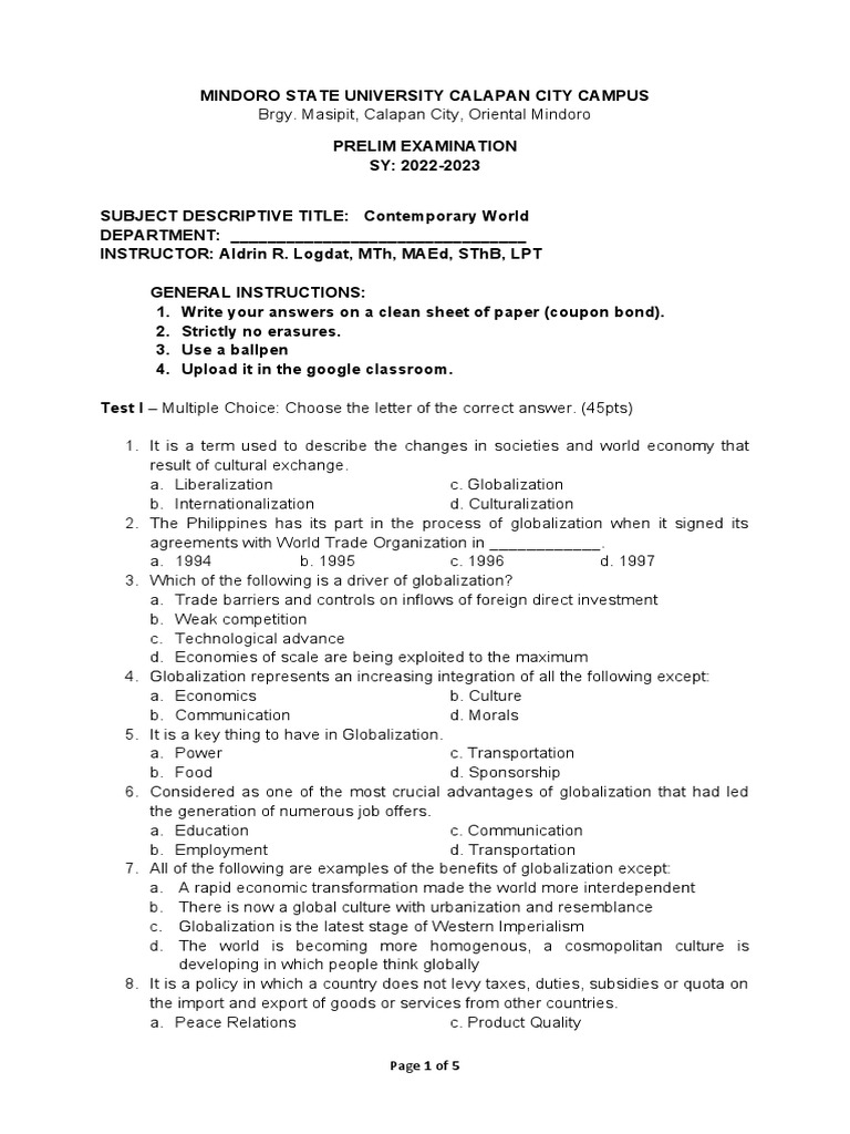 Contemporary World Prelim Exam 2022-2023 | PDF | Globalization | Trade