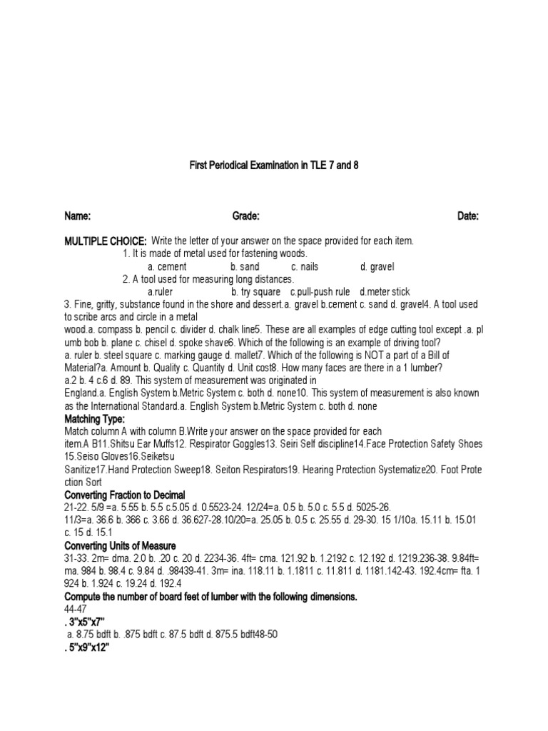 Fourth Periodical Examination in TLE | PDF | Tools