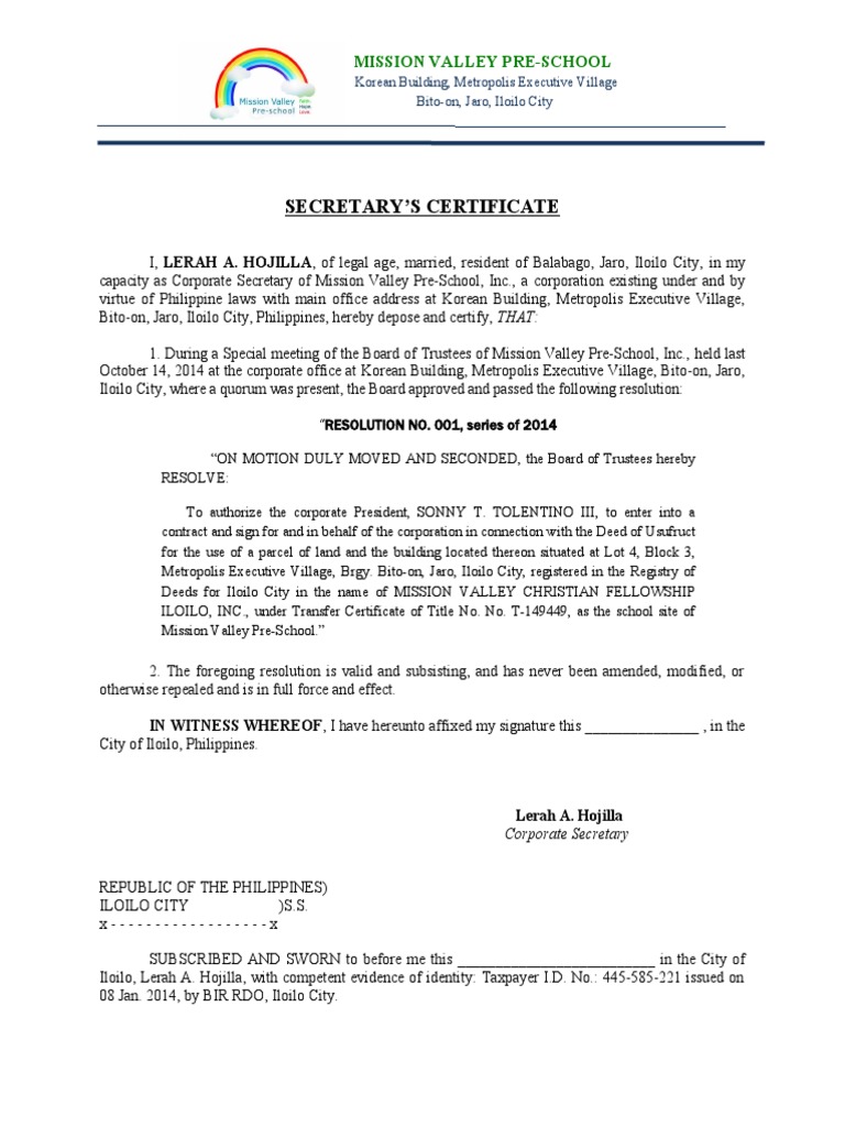 Secretary's Certificate Authorizing the President of Mission Valley Pre ...
