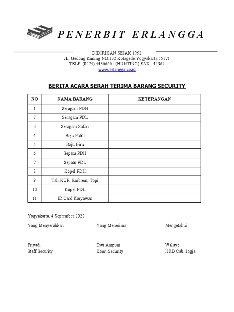 Berita Acara Serah Terima Barang Security | PDF