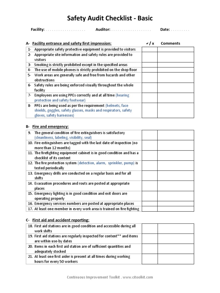 Safety Audit Checklist Basic | PDF | First Aid | Personal Protective ...