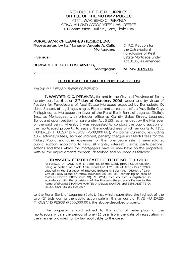 Cert of Sale | PDF | Mortgage Law | Foreclosure