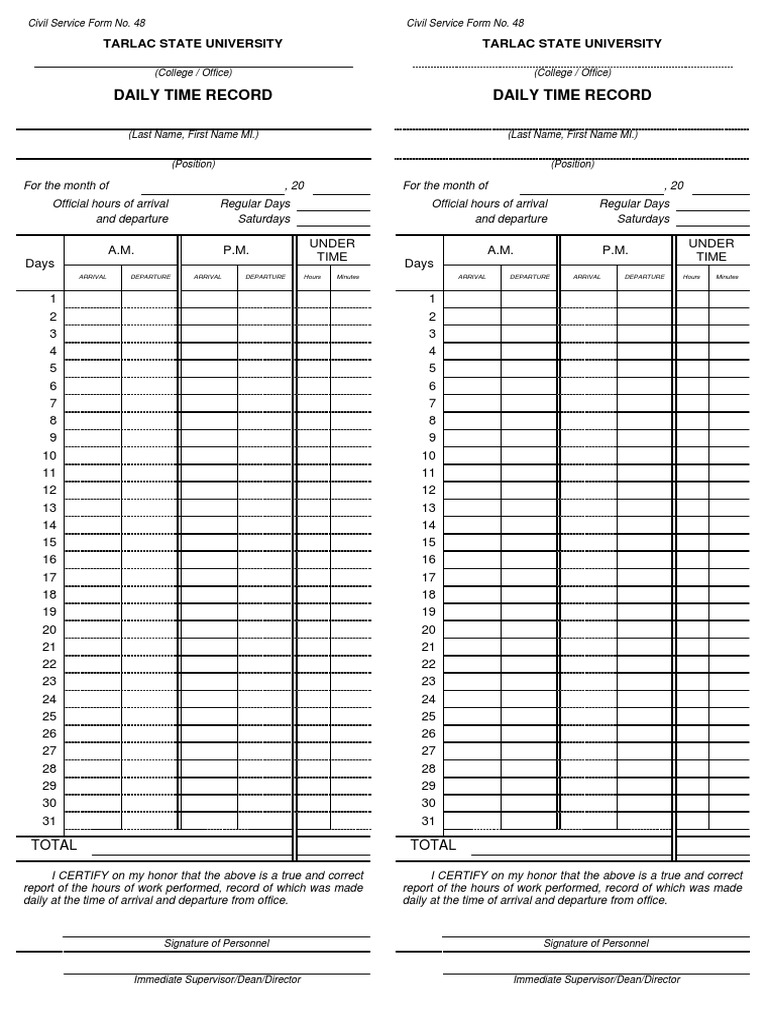 Cs Form 48 Daily Time Record DTR | PDF