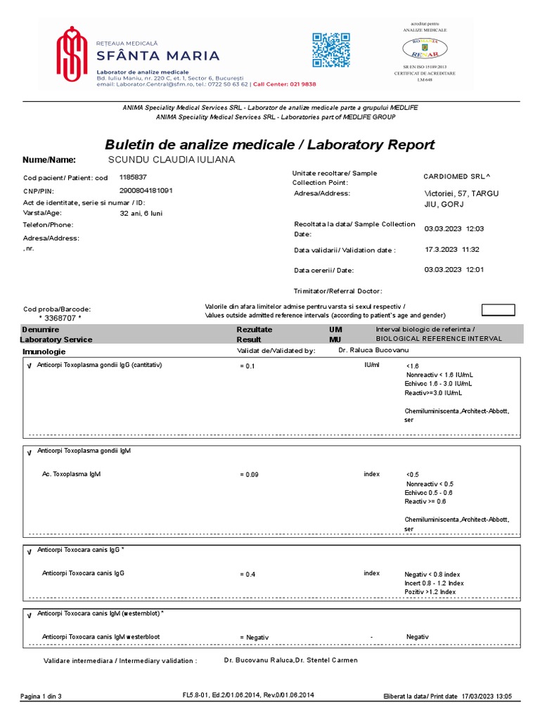 Buletin de Analize Medicale / Laboratory Report: Scundu Claudia Iuliana ...
