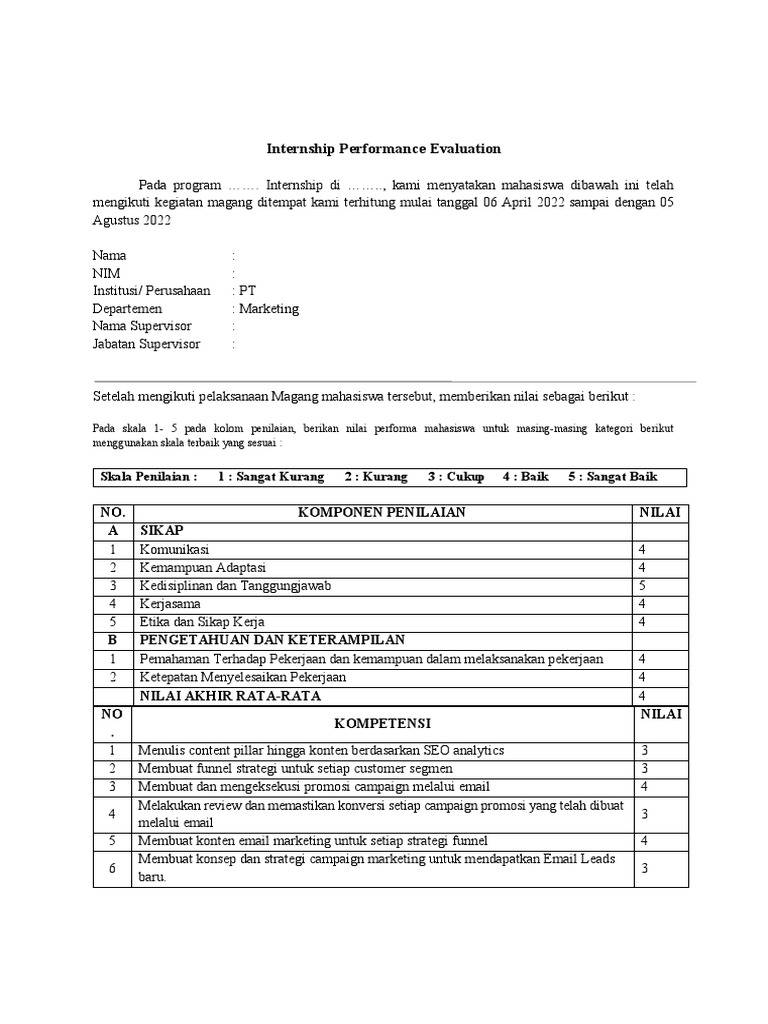 Internship Performance Evaluation | PDF