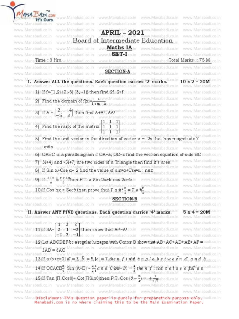 Inter 2nd Year Maths IA (English Medium) 2021 Guess Paper Set 1 PDF | PDF | Applied Mathematics ...