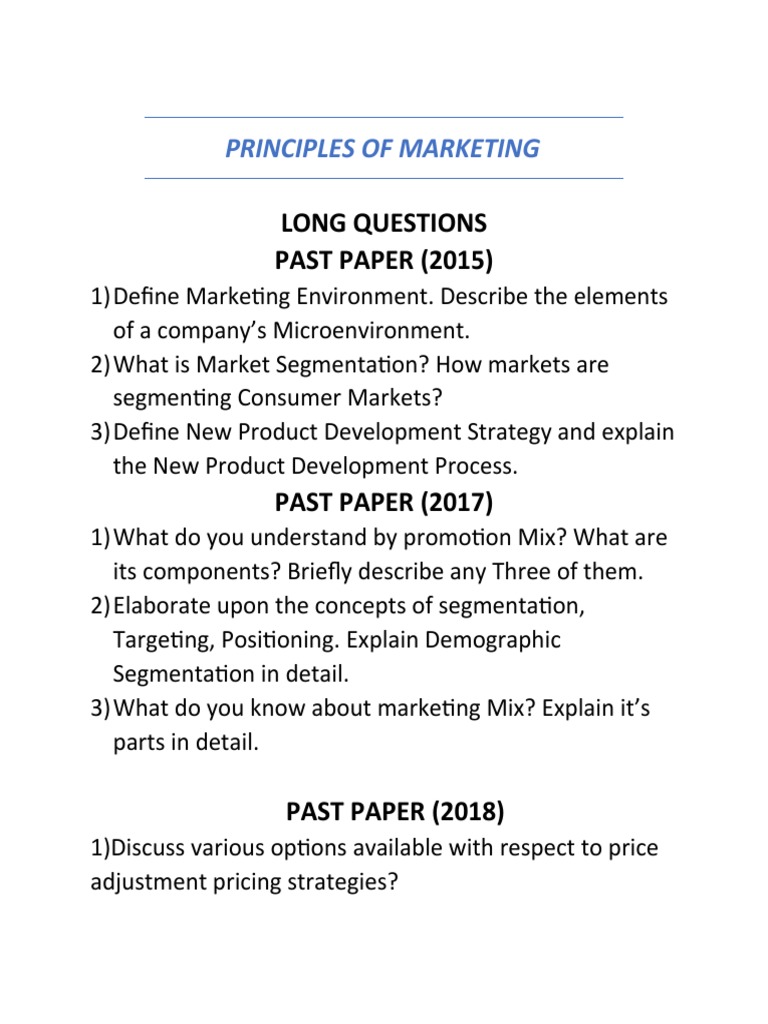Principles of Marketing Past Exam Papers | PDF