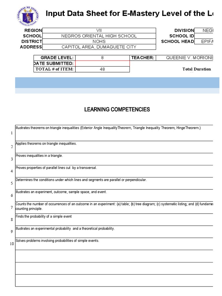 E-Mastery Input Data for Grade 8 Math | PDF | Triangle | Experiment