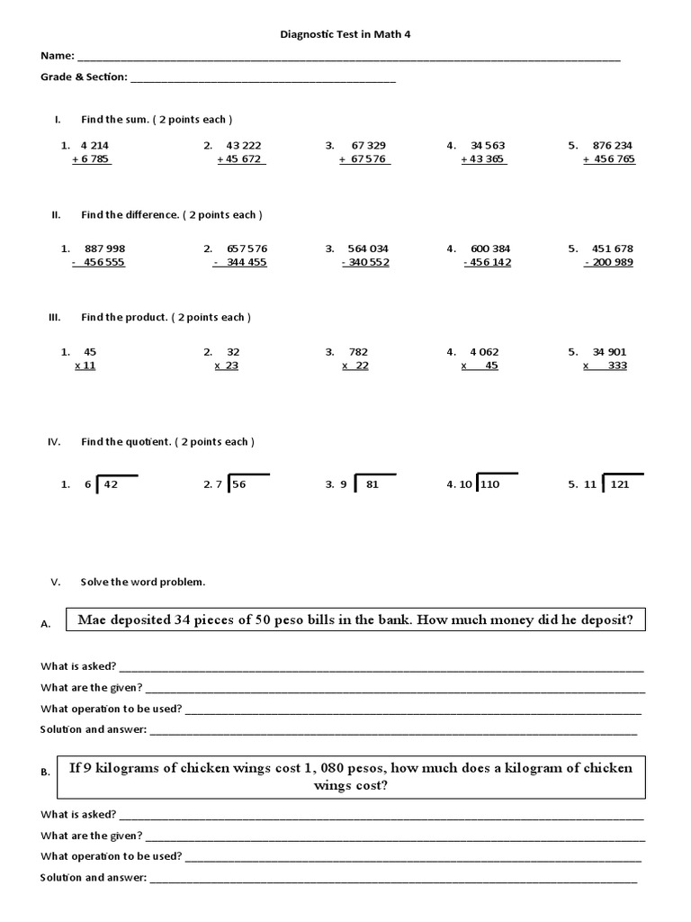 Diagnostic Test in Math | PDF