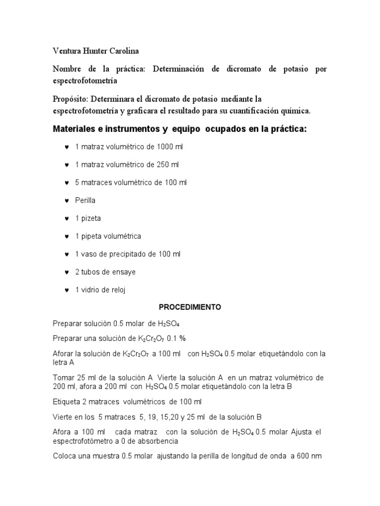 Determinacion de Dicromato de Potasio Por Espectro | PDF ...