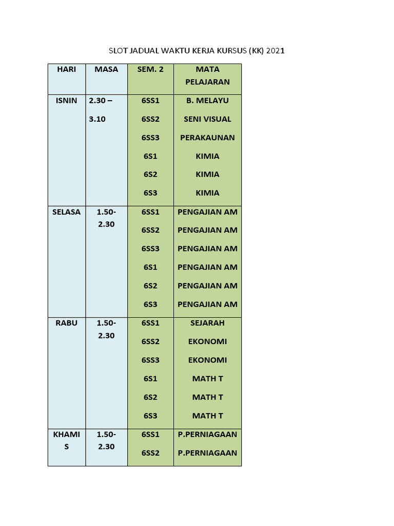 Jadual Waktu Kk 2021 | PDF