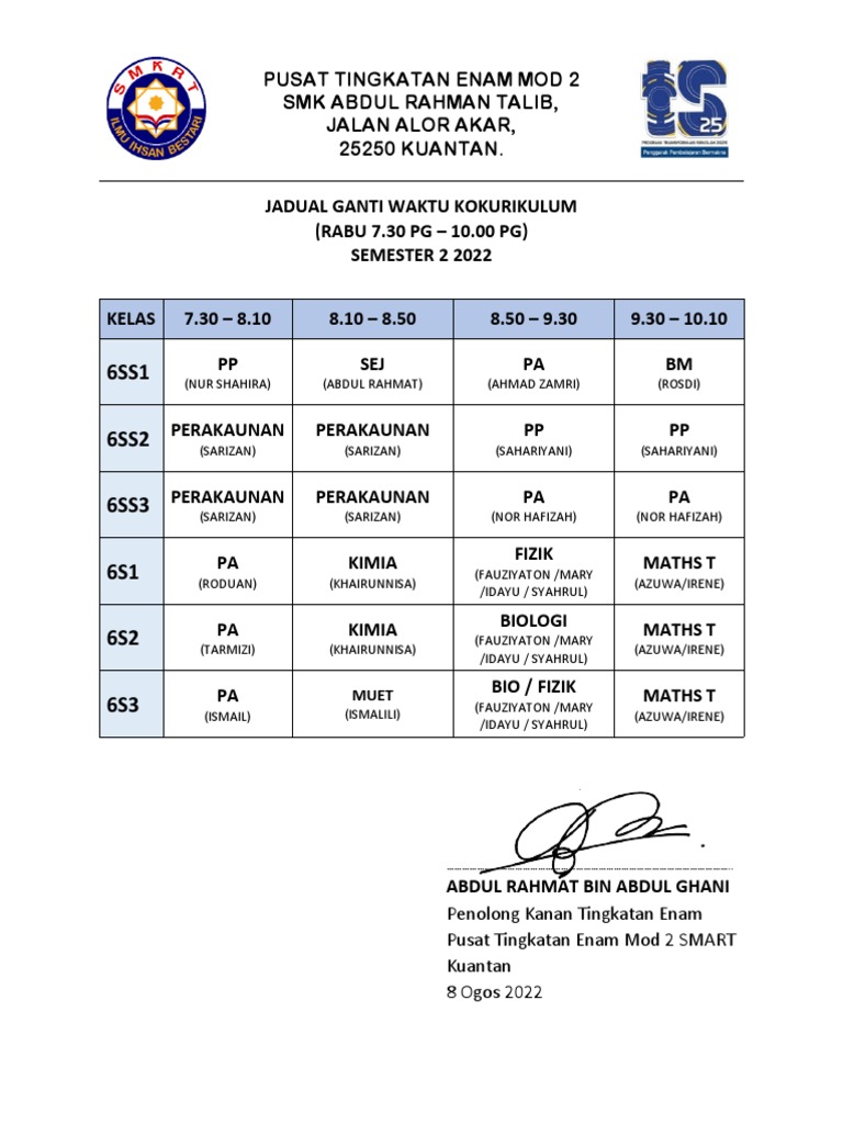 Jadual Ganti Waktu Kokurikulum Sem 2 2022 | PDF