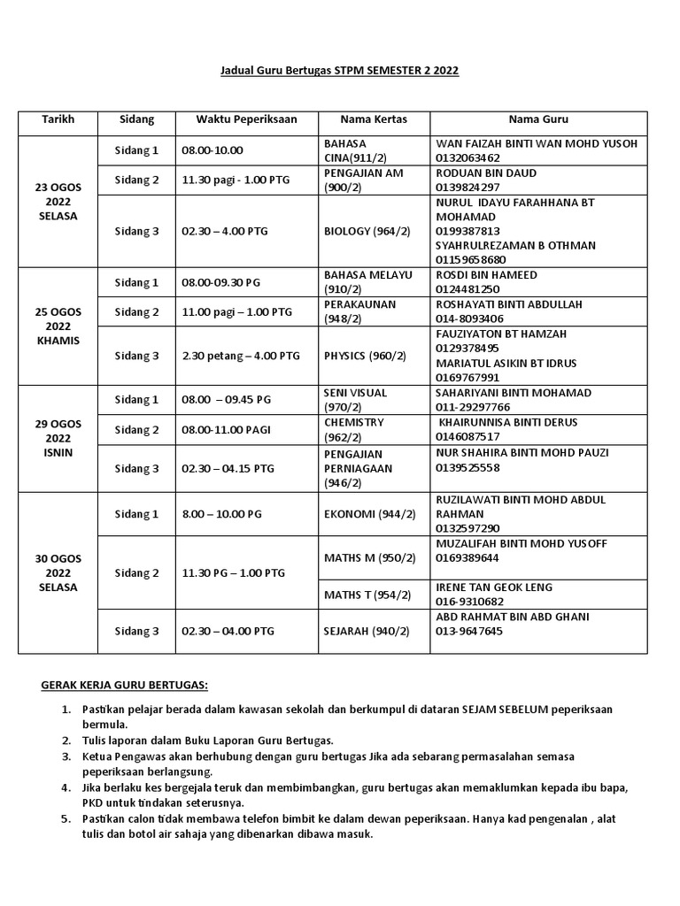 Jadual Guru Bertugas STPM s2 2022 | PDF