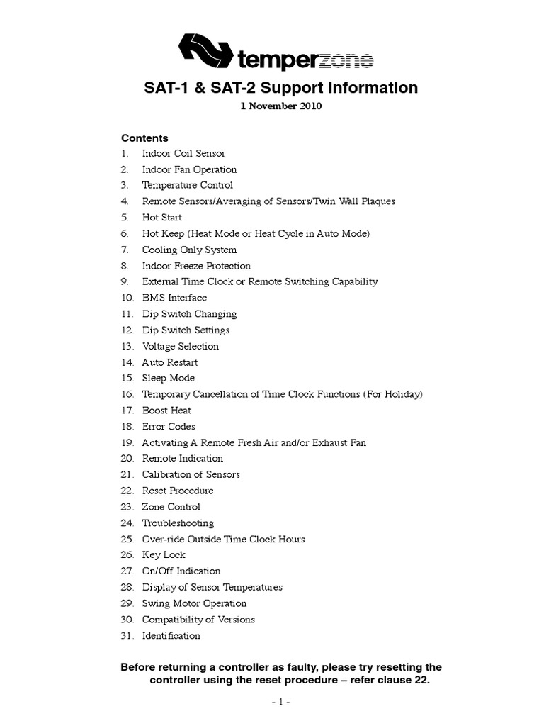 SAT-1 & SAT-2 HVAC Support Guide | PDF | Thermostat | Switch