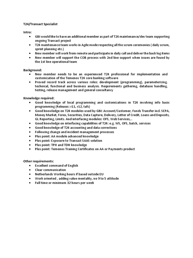 T24/Transact Specialist Intro | PDF