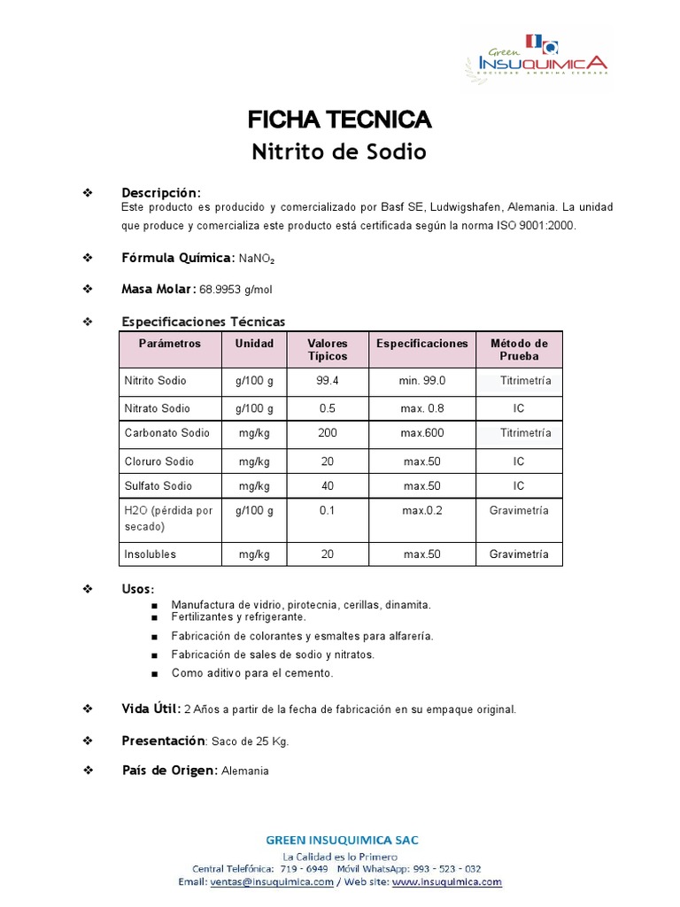 Ficha Técnica: Nitrito de Sodio | PDF | Tecnología
