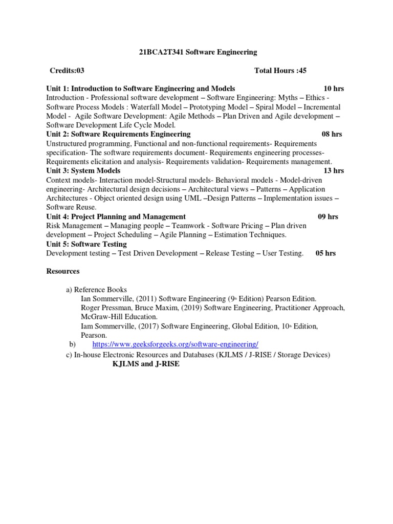 21BCA2T341 Software Engineering - Syllabus | PDF