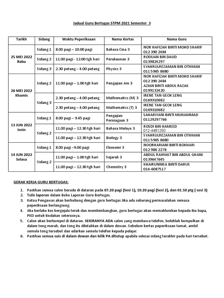 2 Jadual Guru Bertugas STPM 2021 S3 | PDF