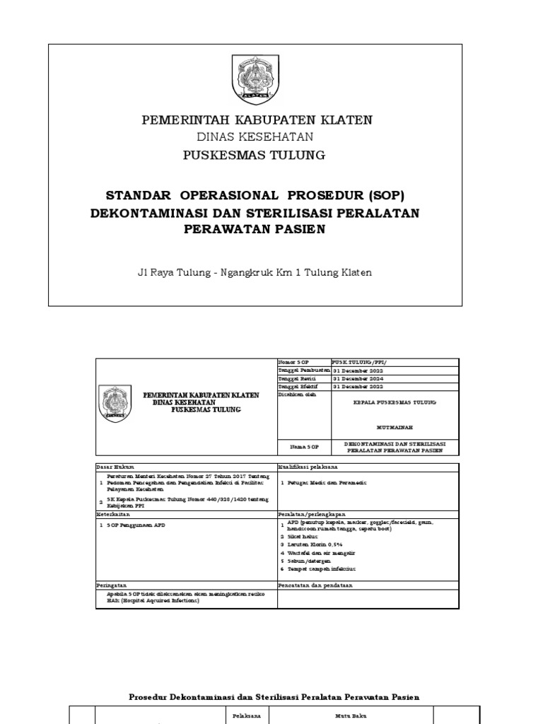 SOP Dekontaminasi Dan Sterilisasi | PDF