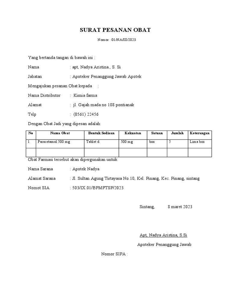 CONTOH SURAT PESANAN OBAT | PDF