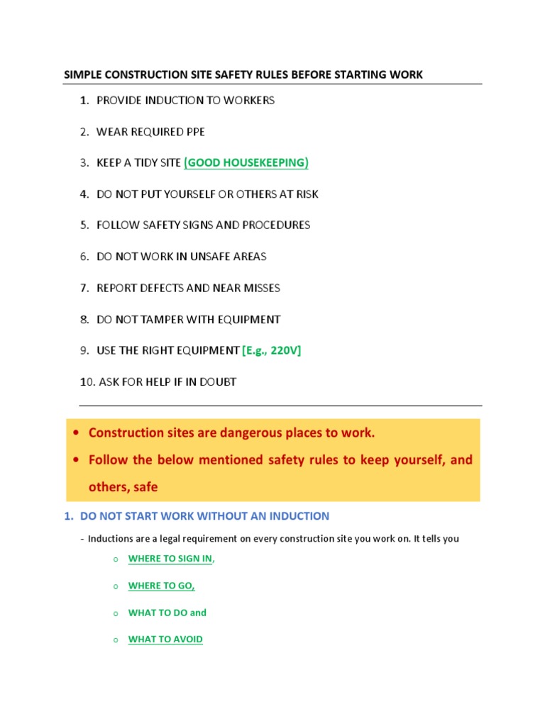 Safety Rules Before Starting Work | PDF | Personal Protective Equipment ...