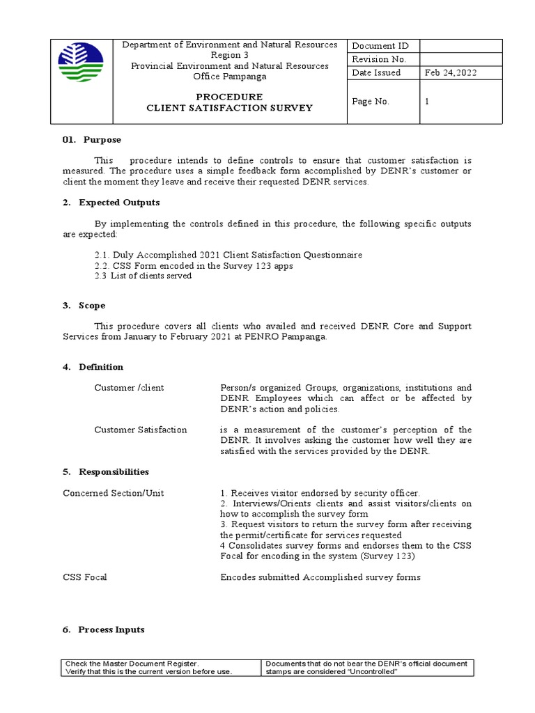 DENR Client Satisfaction Survey Procedure | PDF | Customer | Customer ...