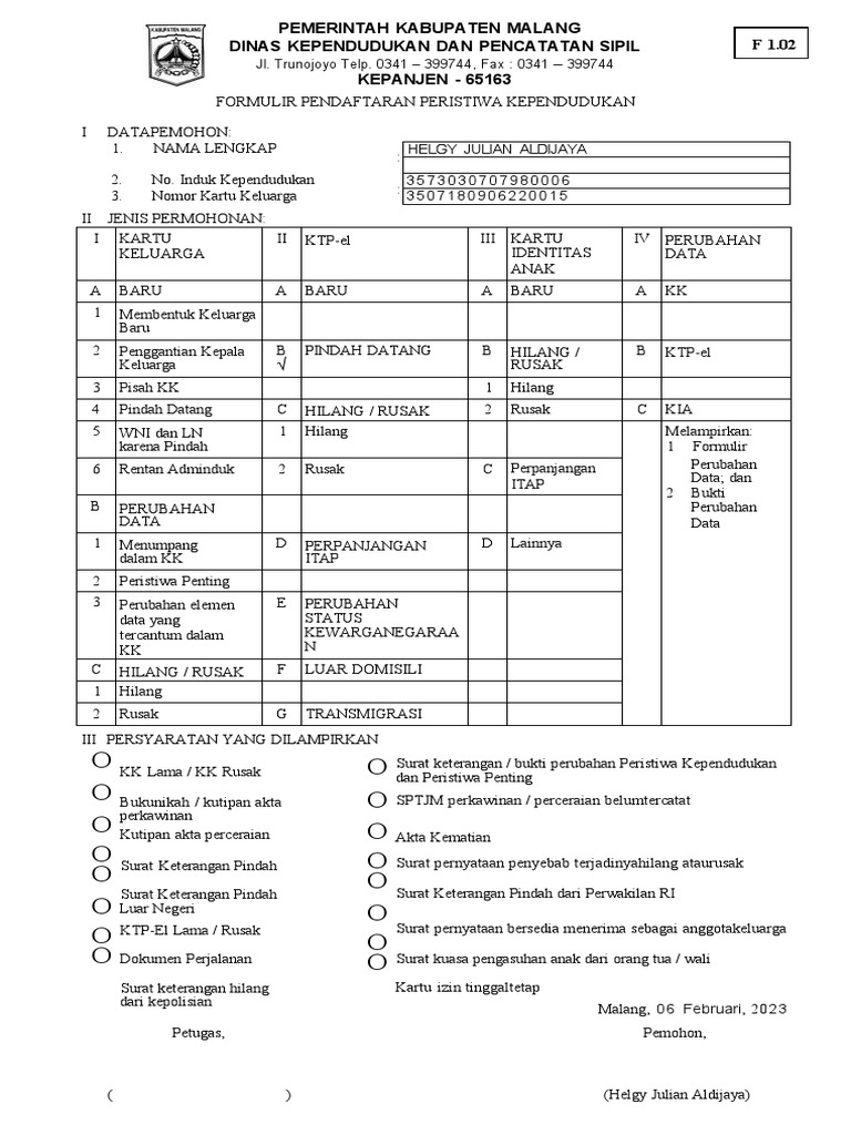 Contoh Pengisian Formulir F-1.02 | PDF