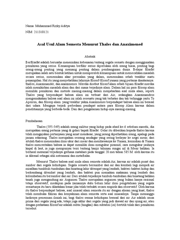 M. Rizky Aditya - 211310121 - Asal Usul Alam Semesta Menurut Thales Dan ...