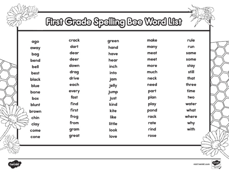 Black and White First Grade Spelling Bee Word List PDF | PDF