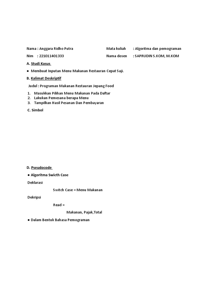 Algoritma Pemesanan Makanan C Pdf Metode Bahan Ajar