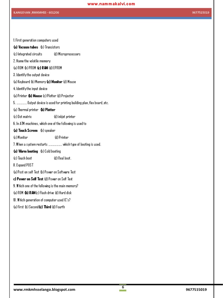 Computer Fundamentals Practice Test with Key Concept Questions on Input ...