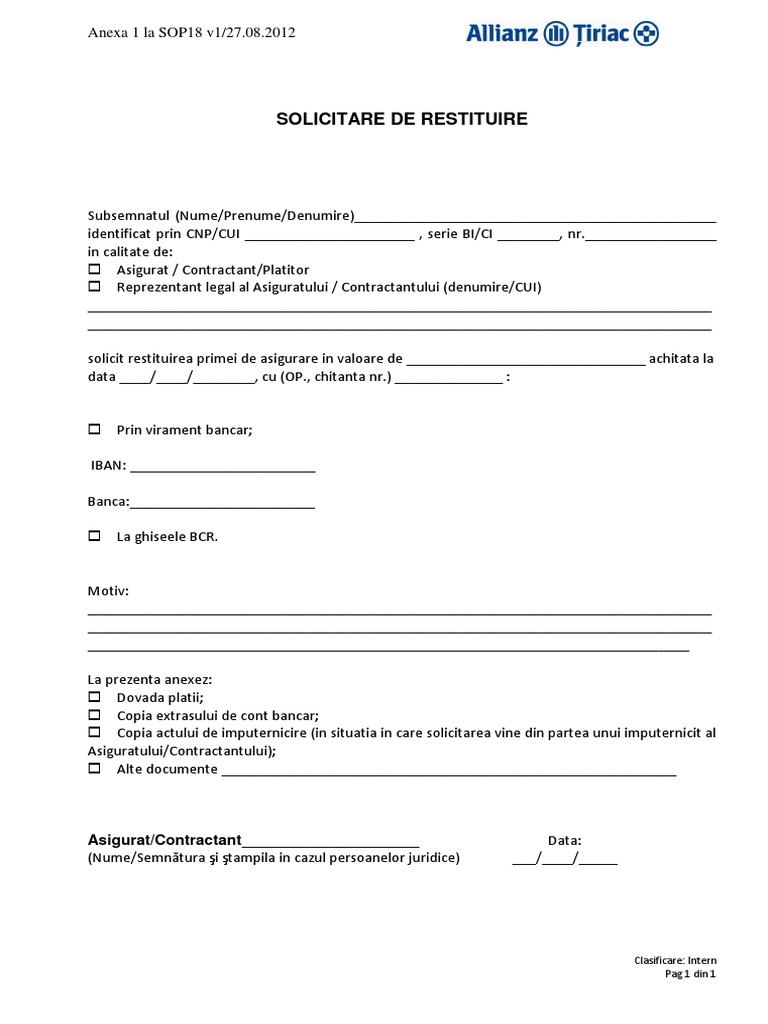 ALLIANZ Solicitare de Restituire | PDF