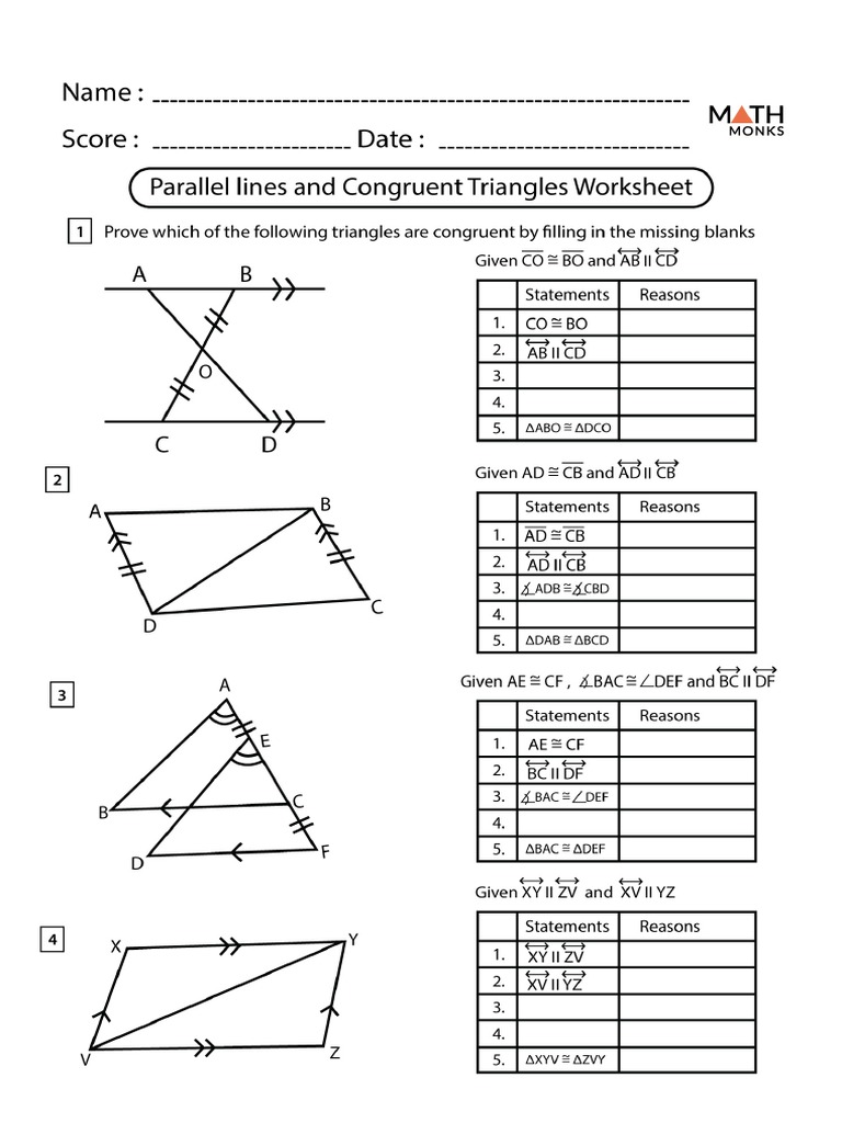 Parallel Lines and Congruent Triangles Worksheet | PDF