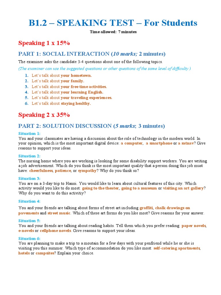 B1 Speaking Test Overview and Topics | PDF | Communication