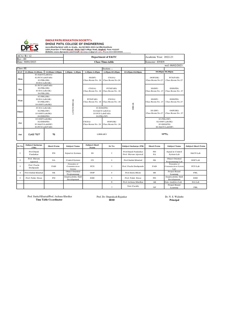 Time Table - SE | Download Free PDF | Object (Computer Science) | Object Oriented Programming